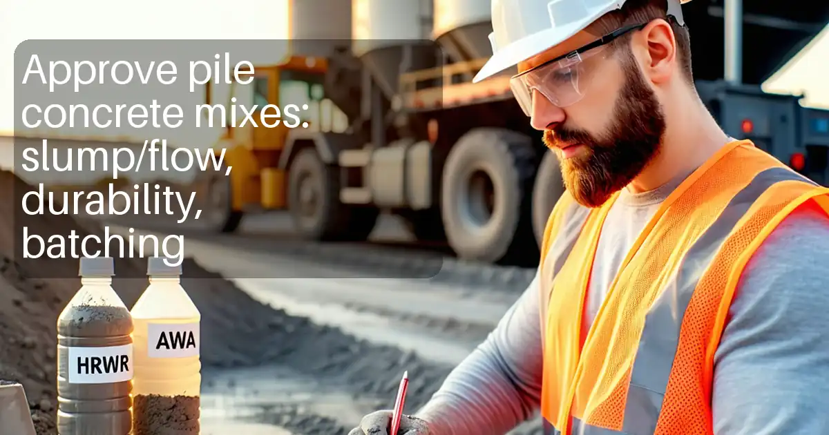 Approve pile concrete mixes: slump/flow, durability, batching