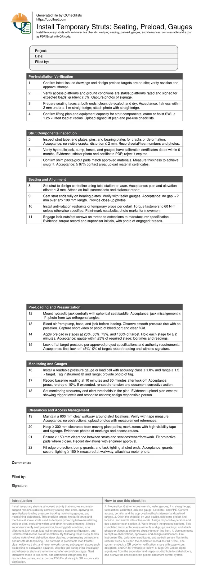 Install Temporary Struts: Seating, Preload, Gauges